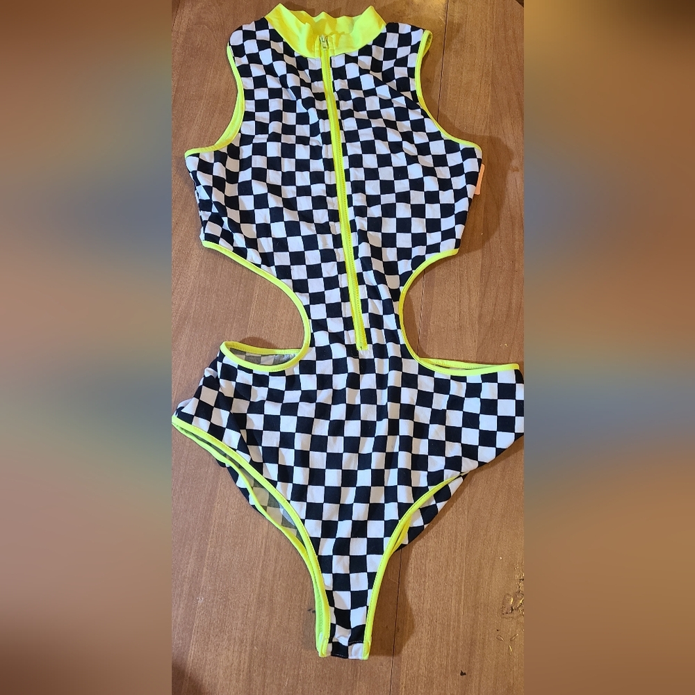 Spandex Checkerboard Cut Out One Piece - Gem